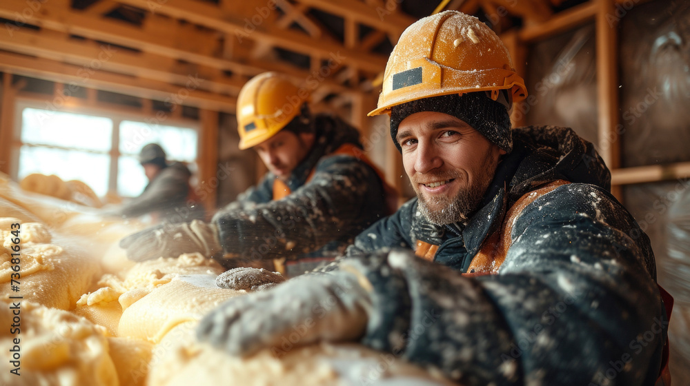 In a bustling construction site workers use spray foam insulation to ...