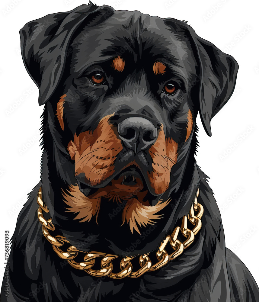 Rottweiler with thick gold chain dog collar isolated on transparent ...