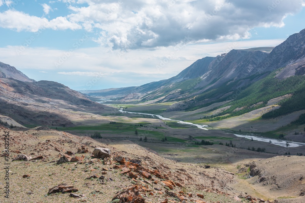 Scenic top view along mountain river in alpine valley with conifer ...