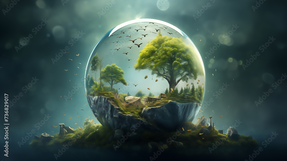 surreal landscape, serene trees and verdant landscape within a crystal ...
