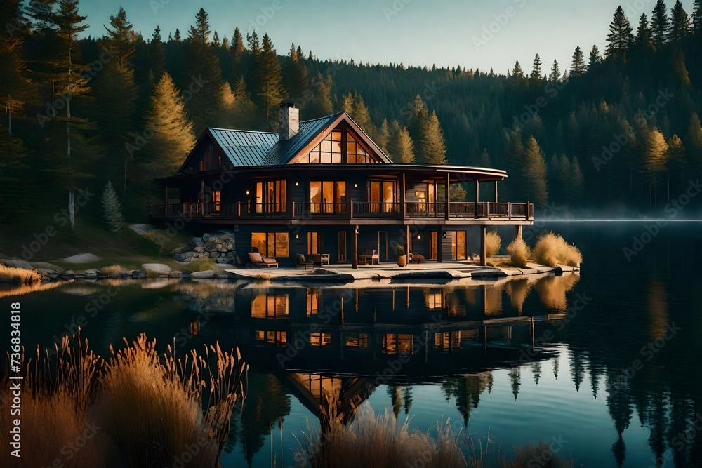 lakeside cabin with a panoramic view of the water, featuring a cozy ...