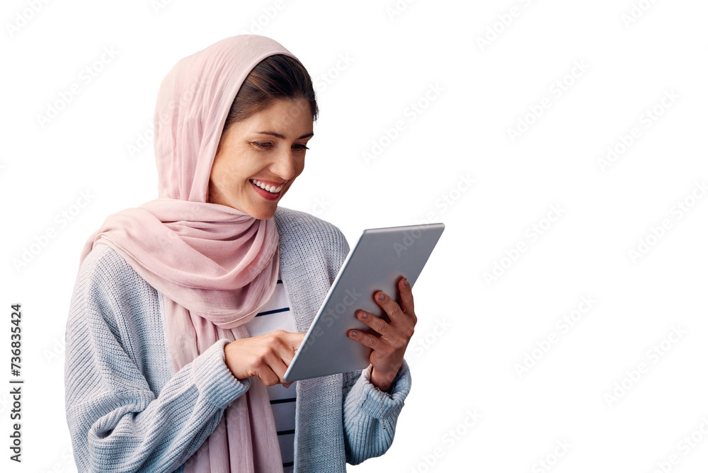 Muslim, tablet or happy woman isolated on social media, elearning app ...