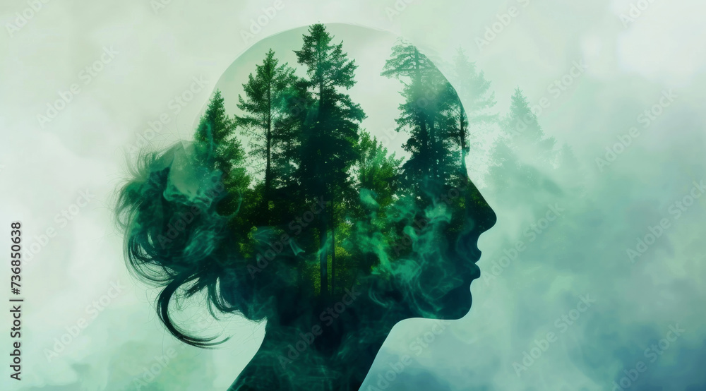 Mindfulness, human and abstract environmental mockup for meditation, zen and ecosystem. Head ...