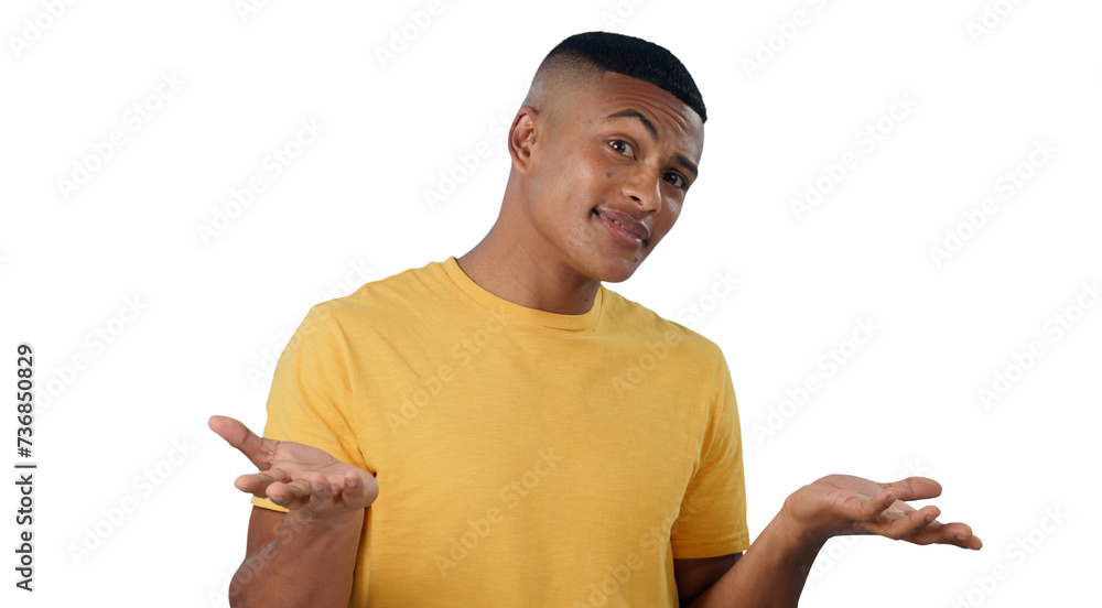Confused, portrait and man shrug with why hands on isolated ...