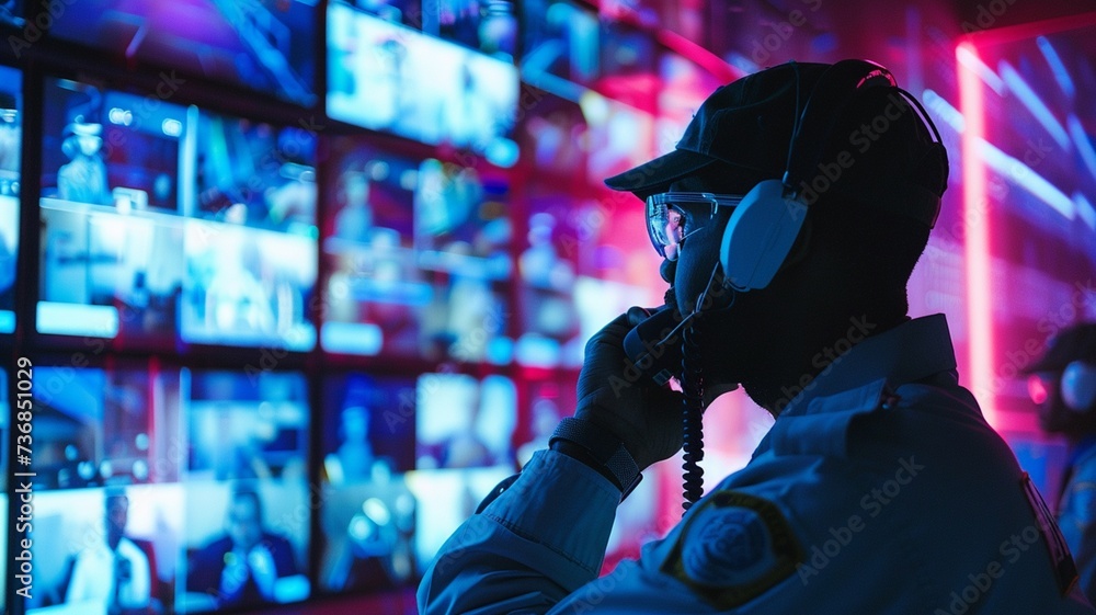 A man security guard talking on the phone in a control room with many ...