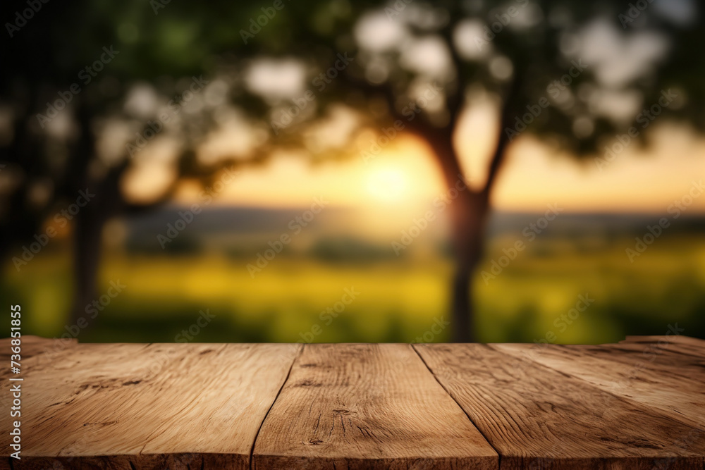 Wooden table with blurred farm background on harvesting season ...