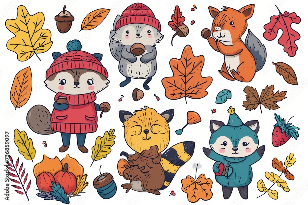 Cartoon cute doodles of a fall harvest festival, with characters ...