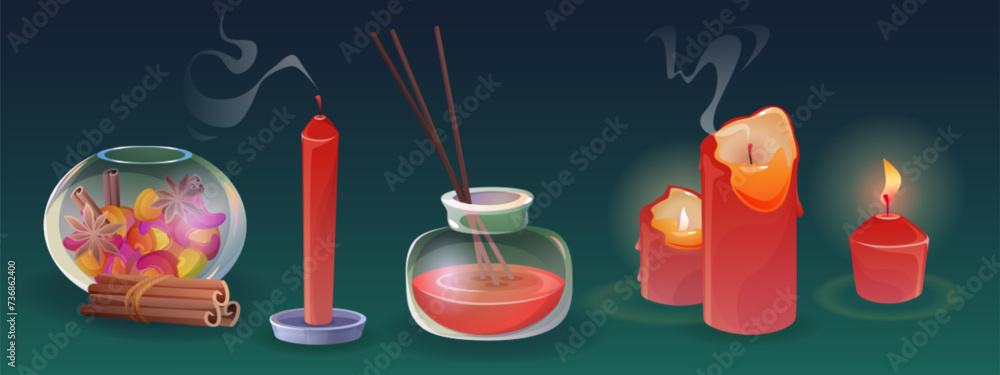 Red romantic aroma candles and scent diffuser. Cartoon vector ...