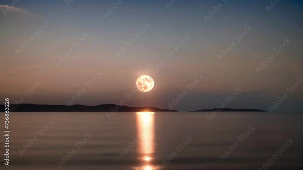 Witness the majestic sight of a full moon as it ascends above a serene ...