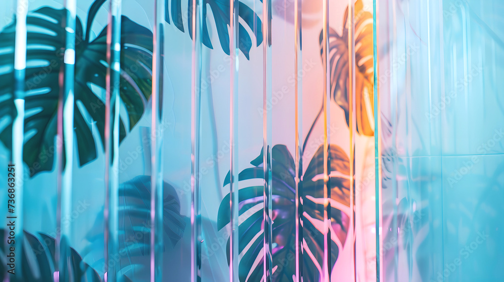 Clear reeded shower screen of Fluted Glass with tropical neon leaves in ...