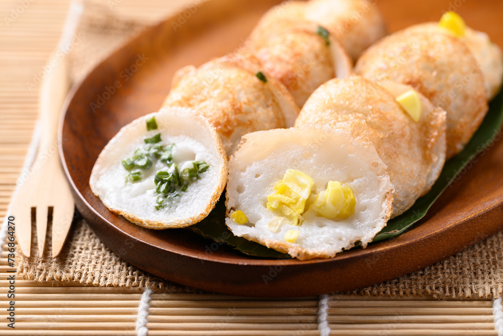 Kanom Krok, Thai coconut pancake with sweet corn and spring onion, Traditional Thai dessert ...