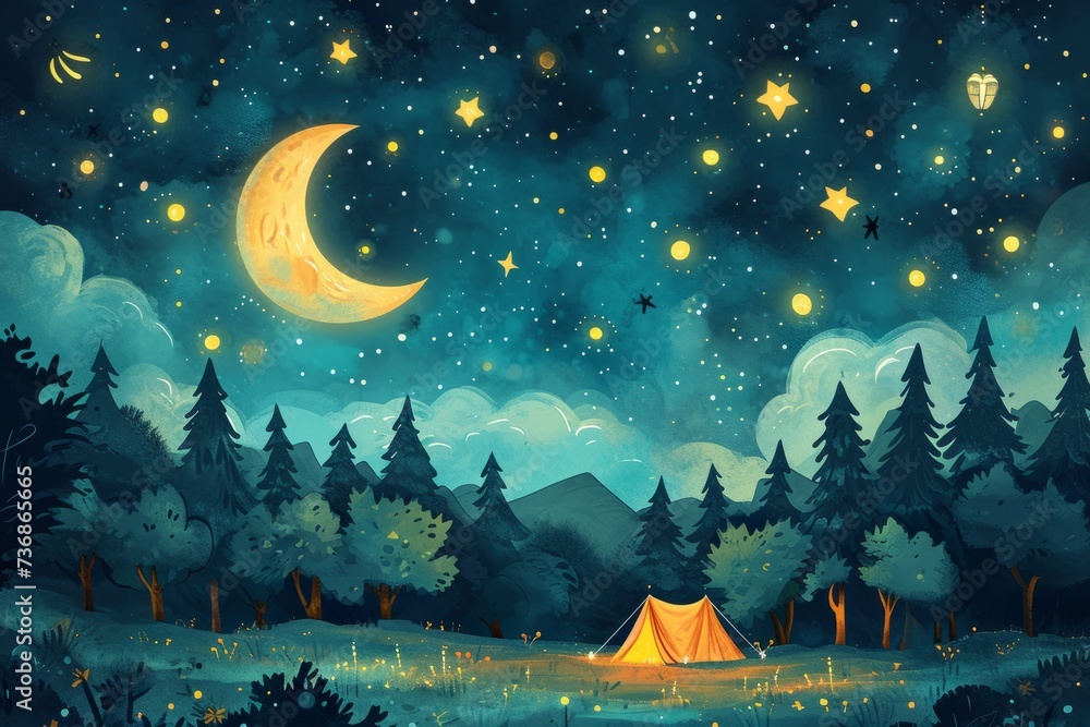 Cartoon cute doodles of a summer night filled with fireflies, starry ...