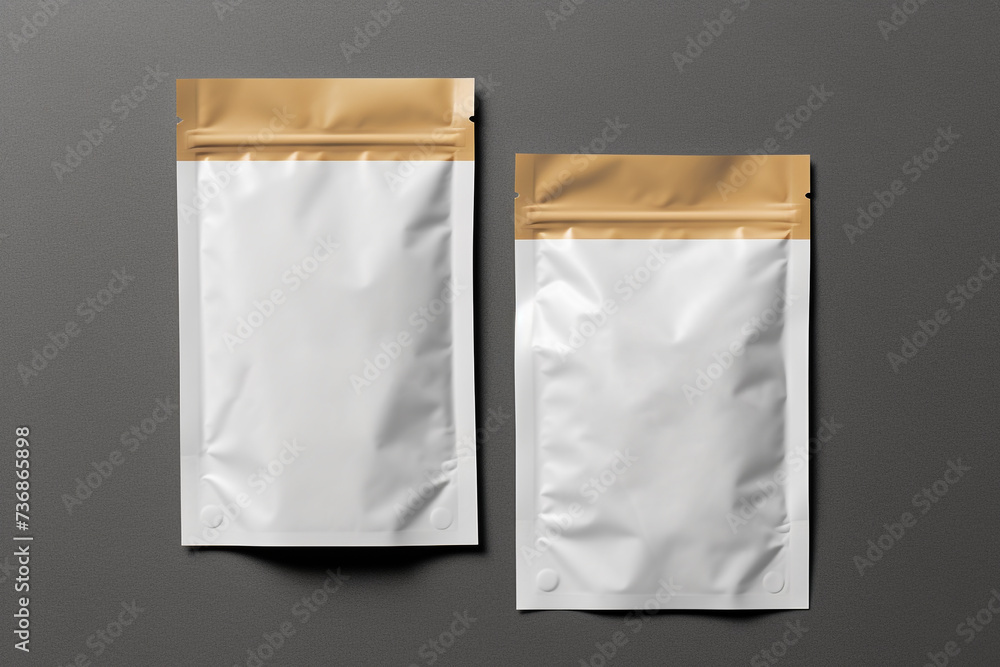 White and brown ziplock foil packet mock up in blank space. Plastic bag ...