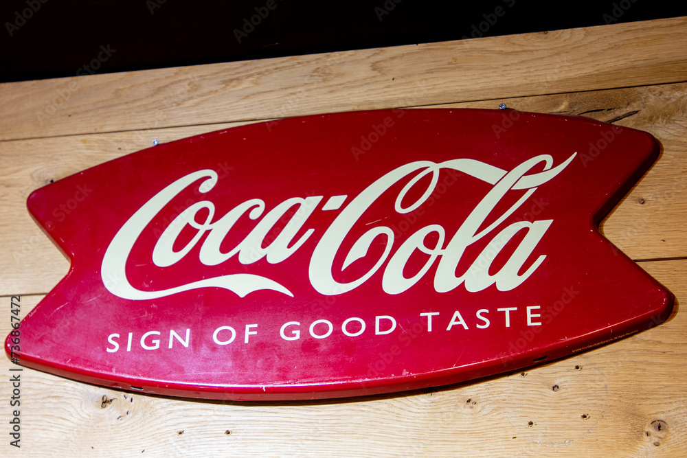 Coca Cola sign of good taste drink ice cold text and brand logo of ...