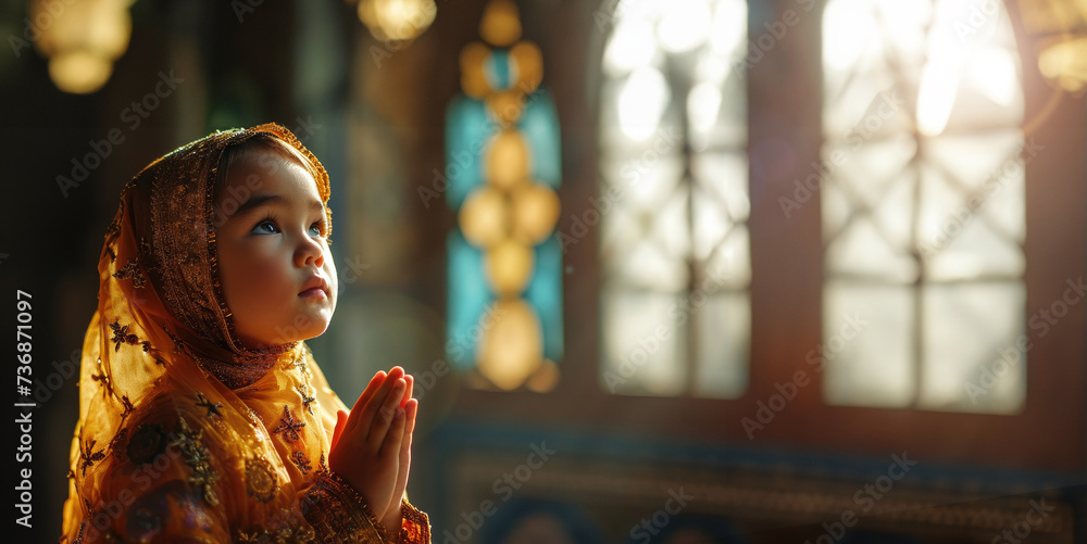 Young muslim girl prayer hijab pray to God on blur mosque background ...
