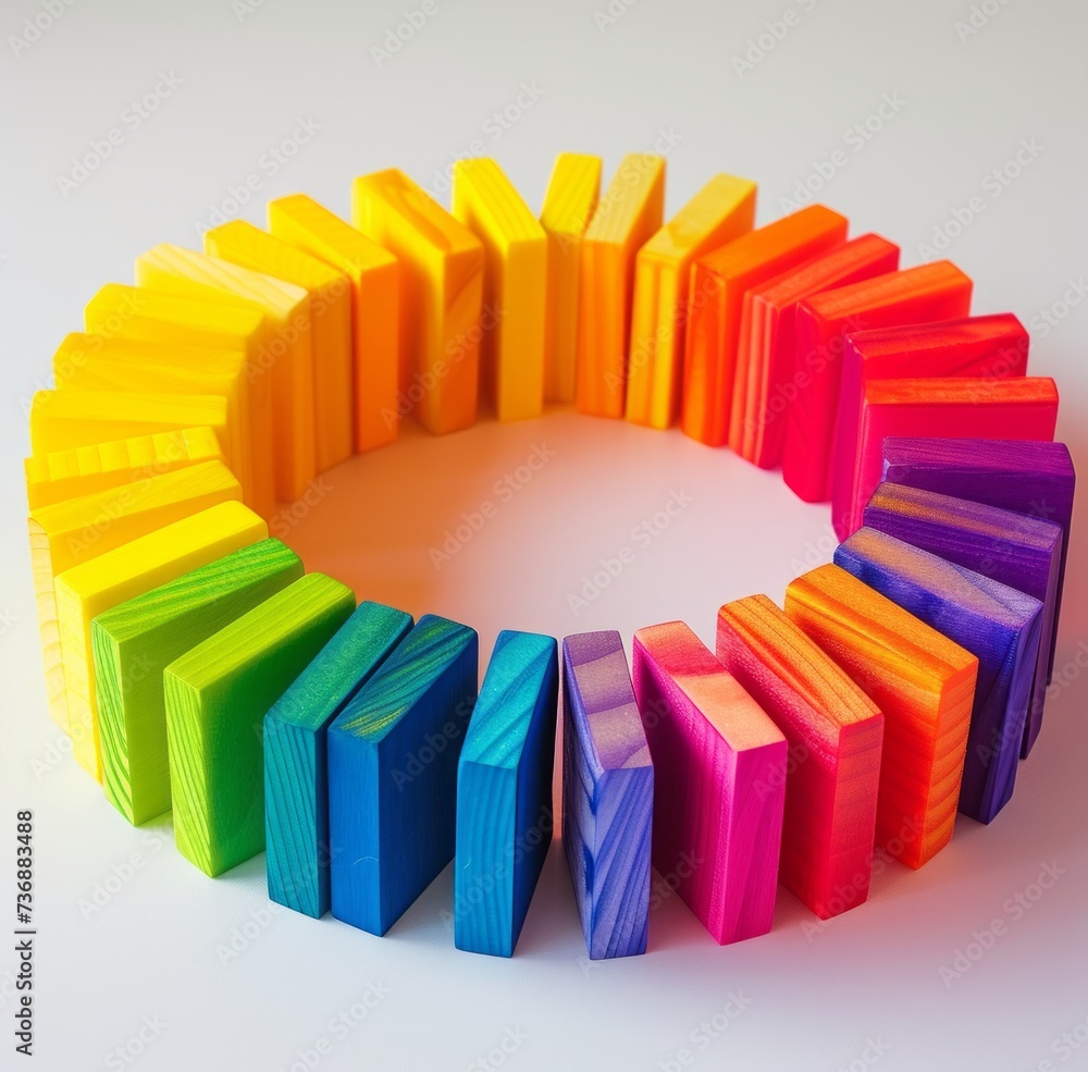 A colored domino set is arranged in a circle in bright colors ...