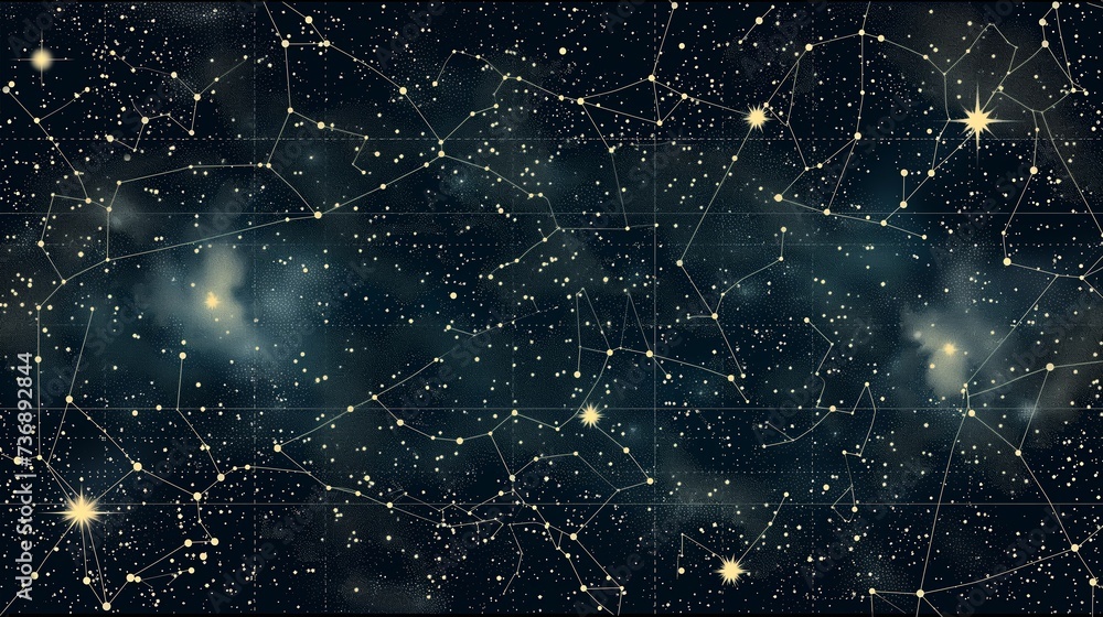 Starry night sky map with constellation lines and nebula clouds Stock ...