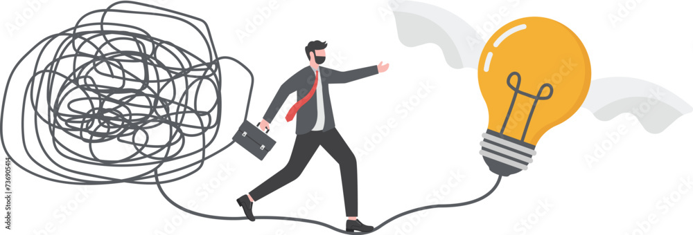 Simplification streamlining process ,businessman walking away from mess ...