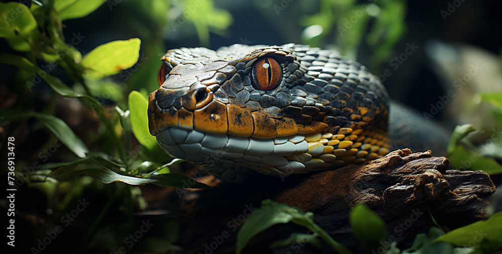 Portrait of a snake in the rainforest. Close-up.Close-up of the head of ...