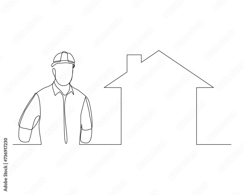 Continuous single line sketch drawing of building foreman worker and ...