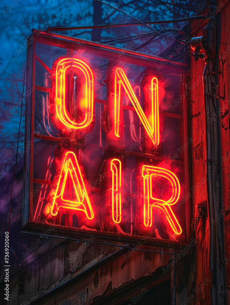 Classic 'ON AIR' illuminated sign in bold red letters indicating live ...