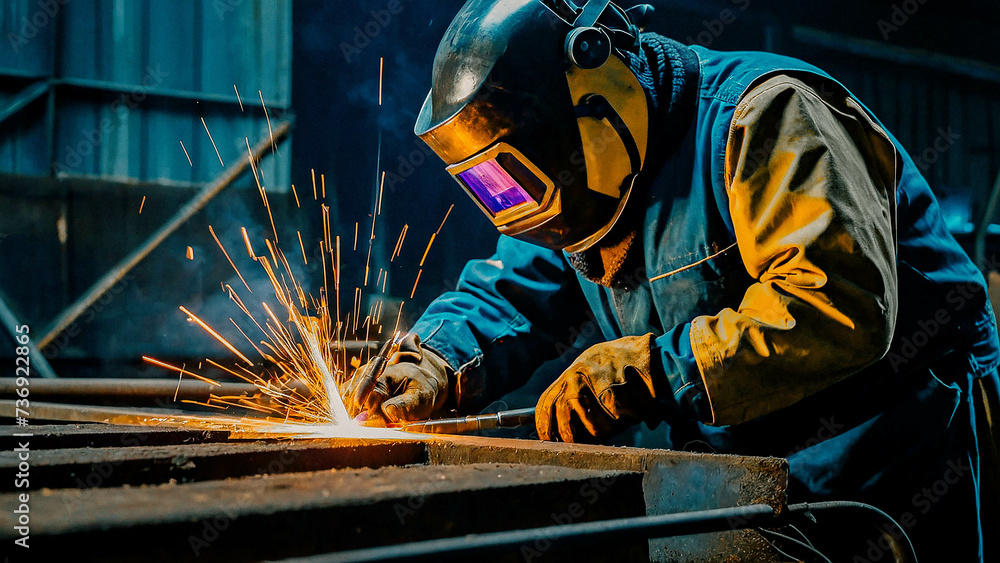 electric saw machine has sparks From work.Welder working with safety ...