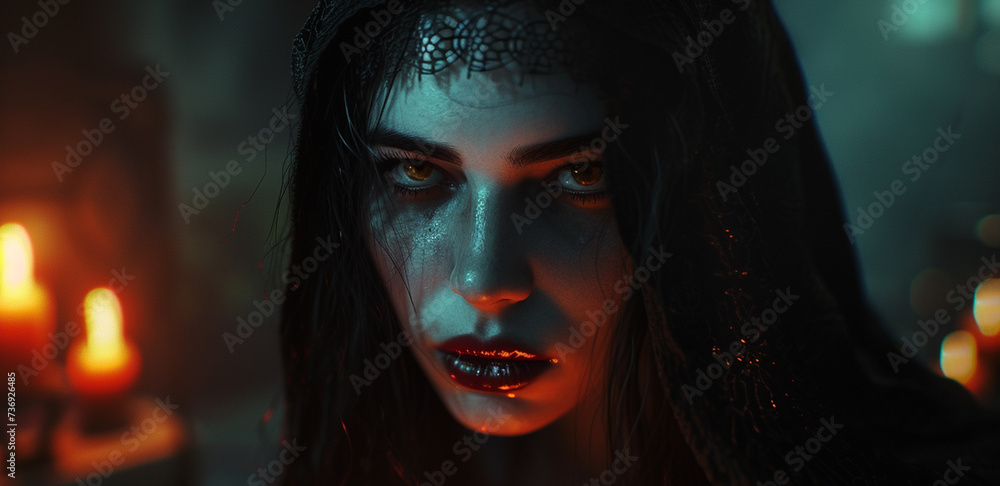 Attractive young adult woman is a vampire or cult member or witch and ...