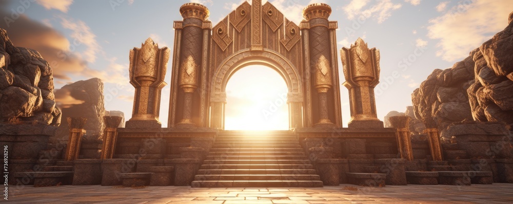 Impressive medieval fortress gate, adorned with towering walls and ...