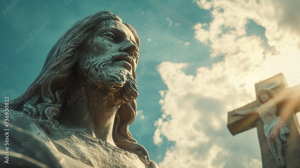 Statue of Jesus Christ with beard and long hair, stone, looking in the ...