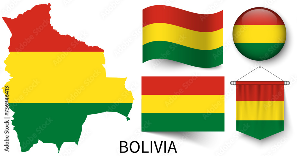 The various patterns of the Bolivia national flags and the map of ...