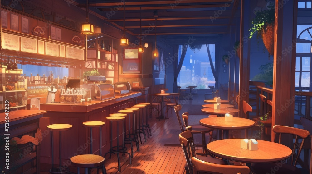 A view of an empty cafe with lights on at night. Japanese animation or ...