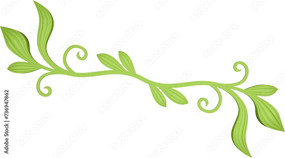 3D rendering of a curved branch with leaves of different sizes on a ...
