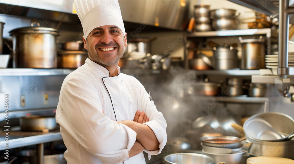 Smiling Chef in Professional Kitchen with Arms Crossed Wearing White ...