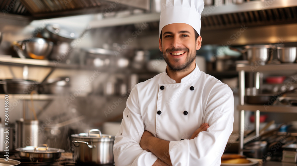 Smiling Chef in Professional Kitchen with Arms Crossed Wearing White ...