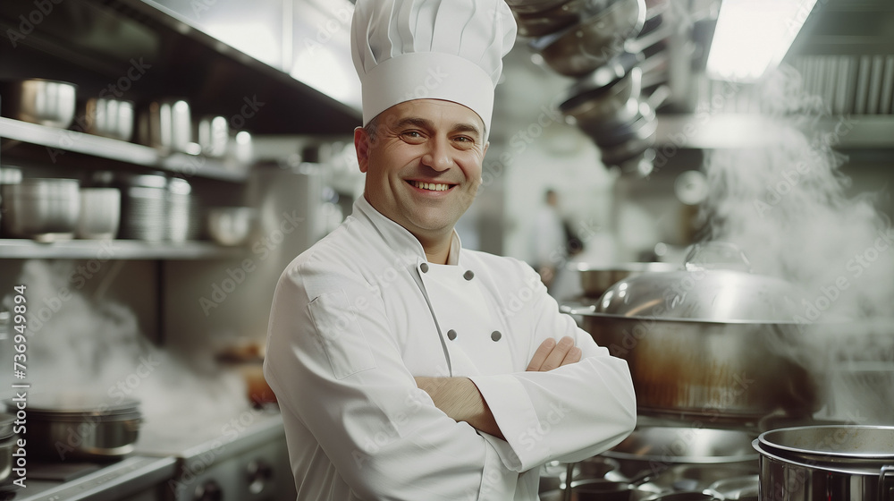 Smiling Chef in Professional Kitchen with Arms Crossed Wearing White ...