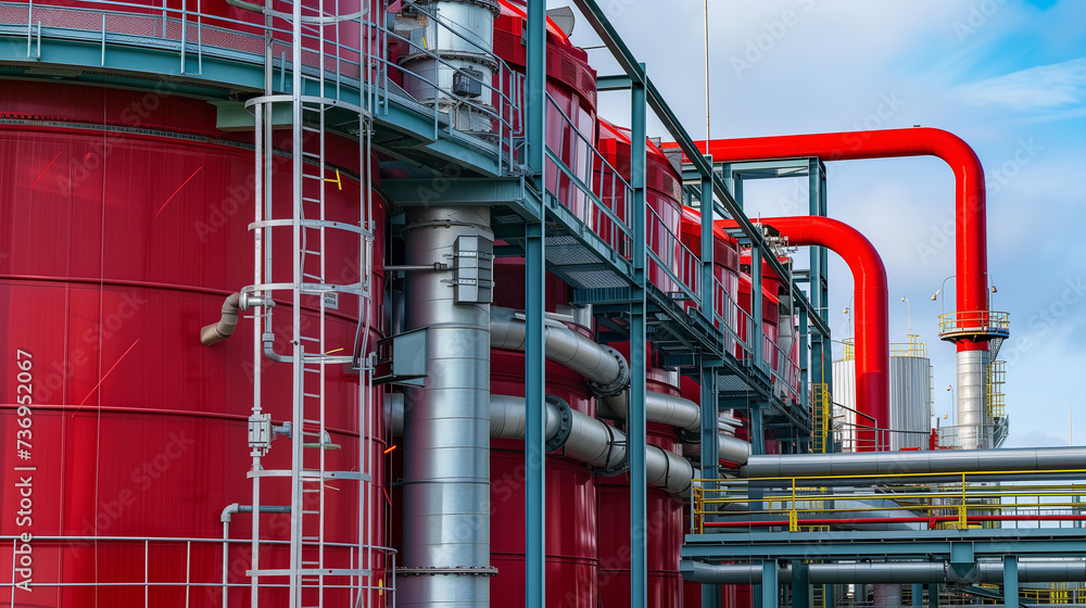 Industrial Facility Highlighting Large Red Storage Tanks, Piping ...