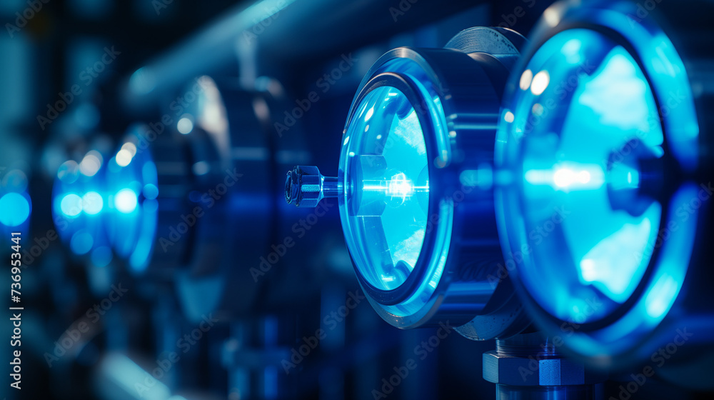 Illuminated Sight Glasses on Vibrant Blue Industrial Pipes in ...