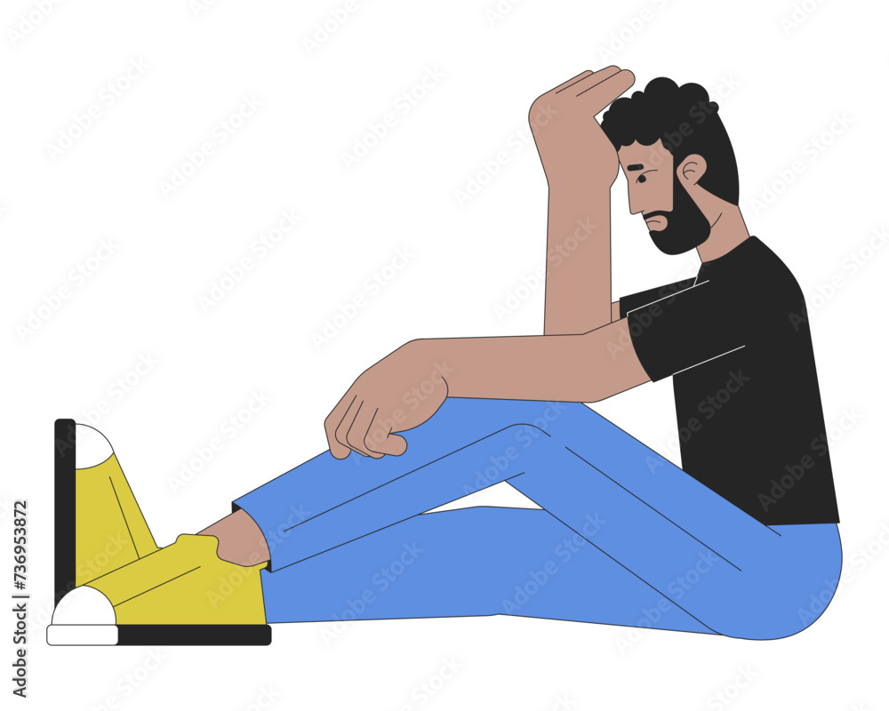 Depressed man holding head line cartoon flat illustration. African ...