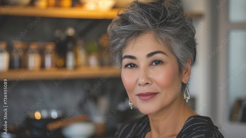 Asian middle aged woman smiling at the kitchen. Portrait of a stylish ...