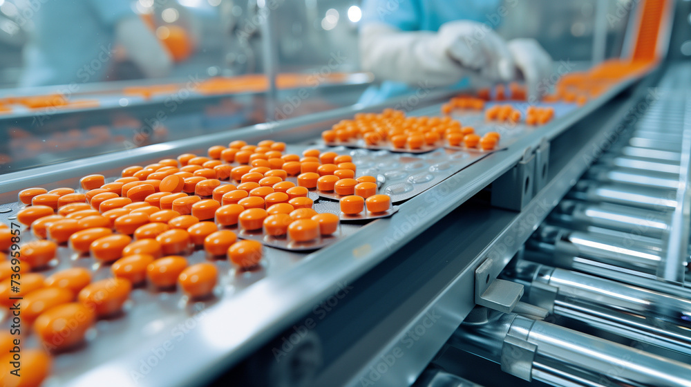 Industrial Pharmaceutical Manufacturing Process: Bright Orange Capsules ...
