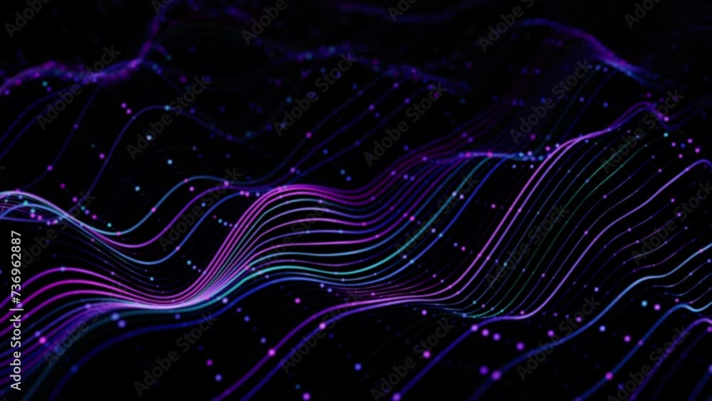 Glowing lines with blinking dots on the surface of waves. Abstract ...