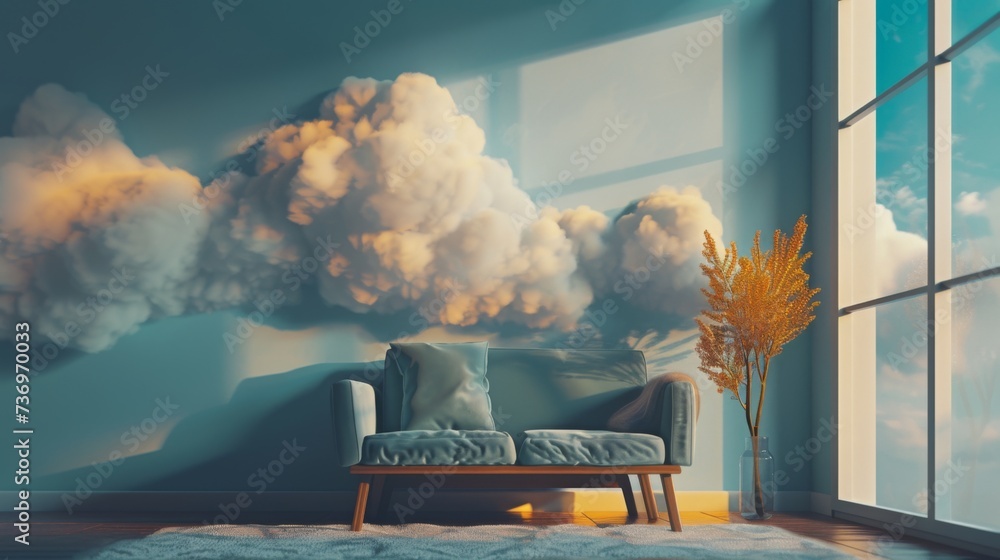 Cloud in the room. The interior is in a modern style with a real fluffy ...
