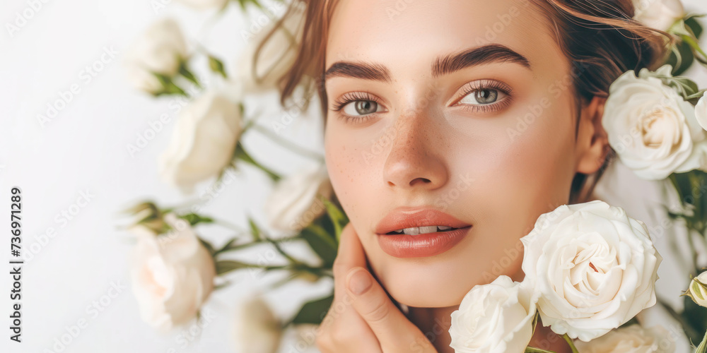 Beautiful young woman with fresh clean skin on white background with ...