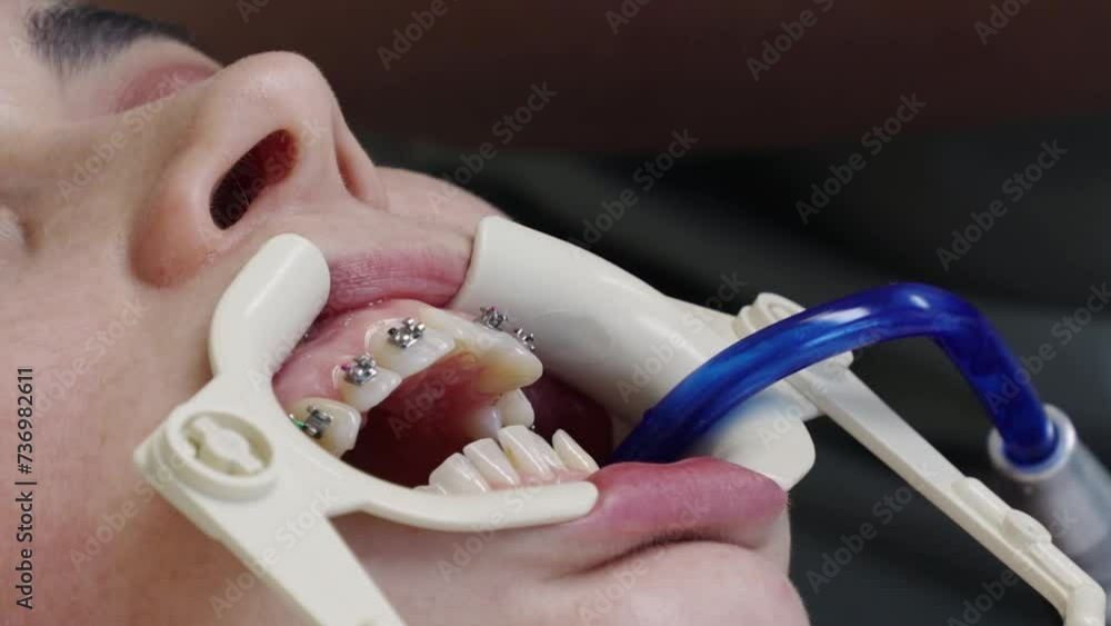 Close up of woman's mouth wearing dental retractor in dentistry clinic ...