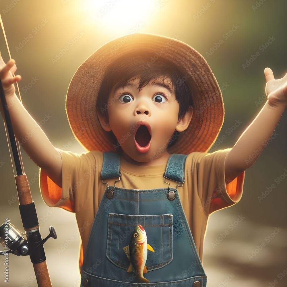 Cute little boy with fishing rod describing the fish that got away, he ...