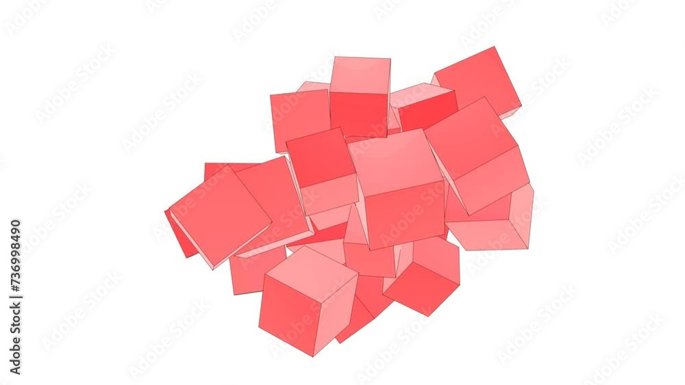 Weird 3D animation of red color cubes shapes on a white background ...