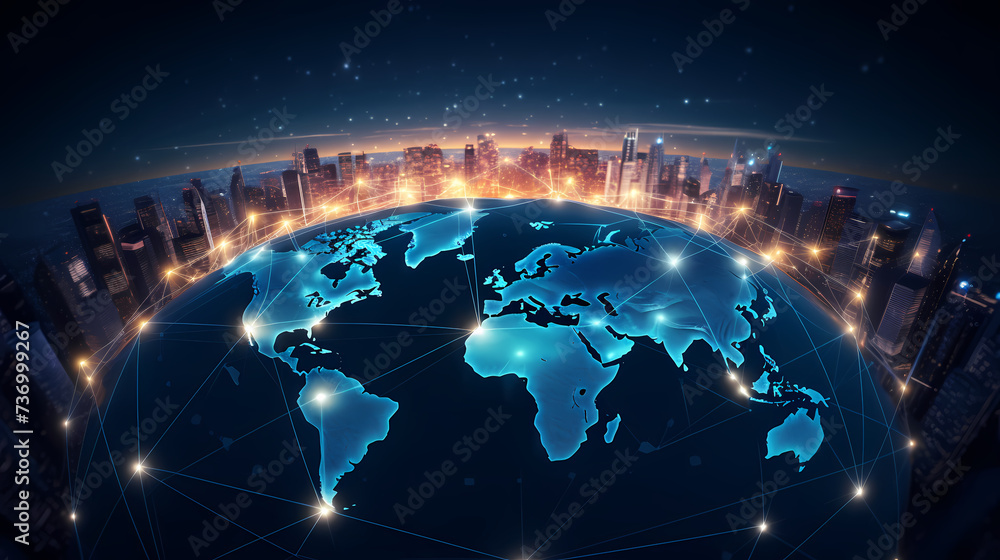 Polygonal mesh network map of the world with lines and points, points ...