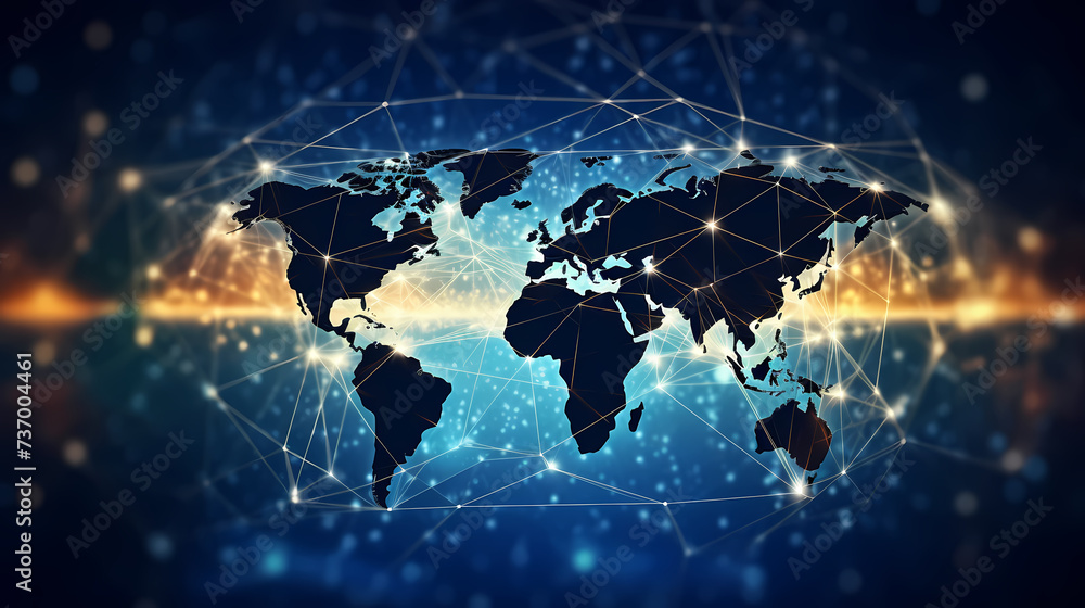 Polygonal mesh network map of the world with lines and points, points ...