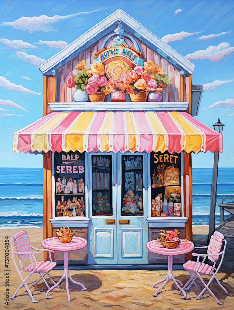 French Patisserie Storefronts: Seaside Sweet Shop in a Beach Painting ...