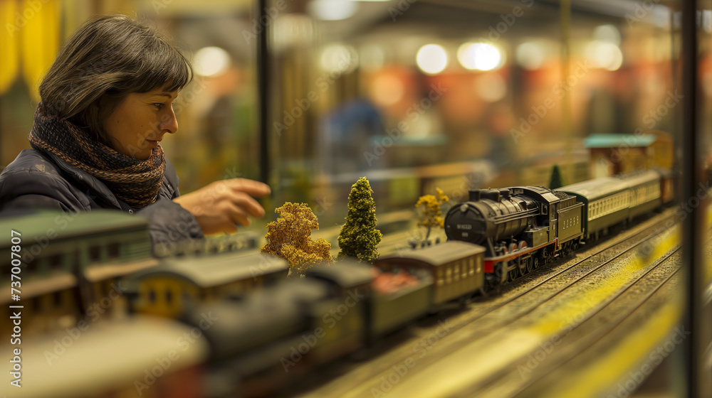 Traveler discovering the intricate beauty of toy trains in a ...
